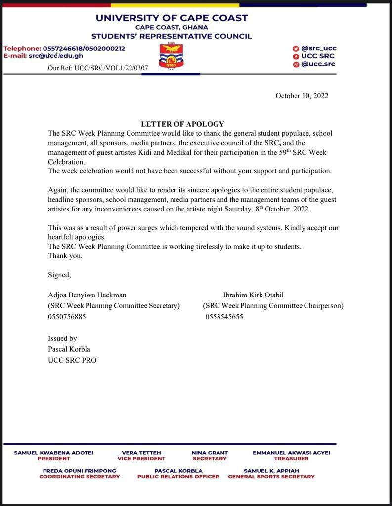 UCC-SRC renders apology to Students, Headline Sponsors, Management for ...